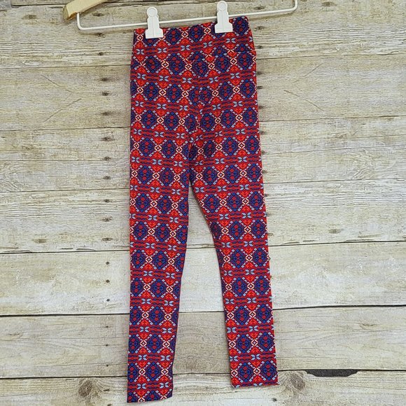 LuLaRoe | Bottoms | Lularoe Kids Leggings Sm Blue Red Design On Red ...
